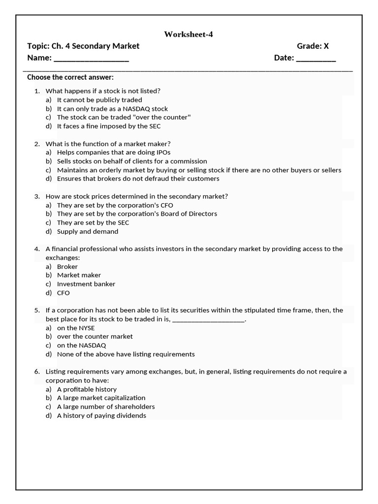 Secondary Market Worksheet Class 10 | PDF