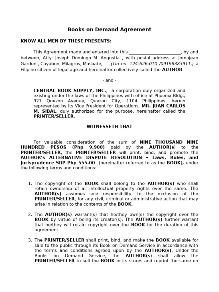 Blank Books On Demand (BOD) Agreement | PDF