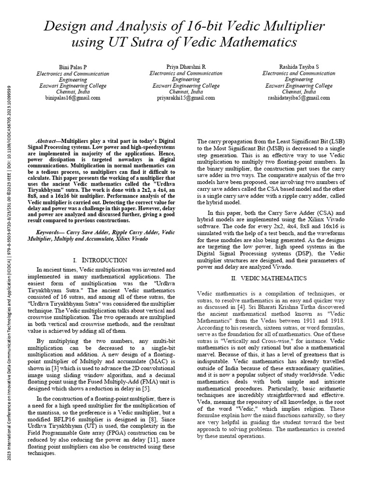 Design and Analysis of 16-Bit Vedic Multiplier Using UT Sutra of Vedic Mathematics | PDF