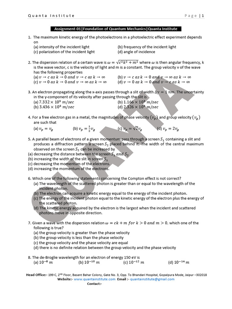 Assignment-01 Foundation of Quantum Mechanics | PDF | Photoelectric Effect | Science & Mathematics