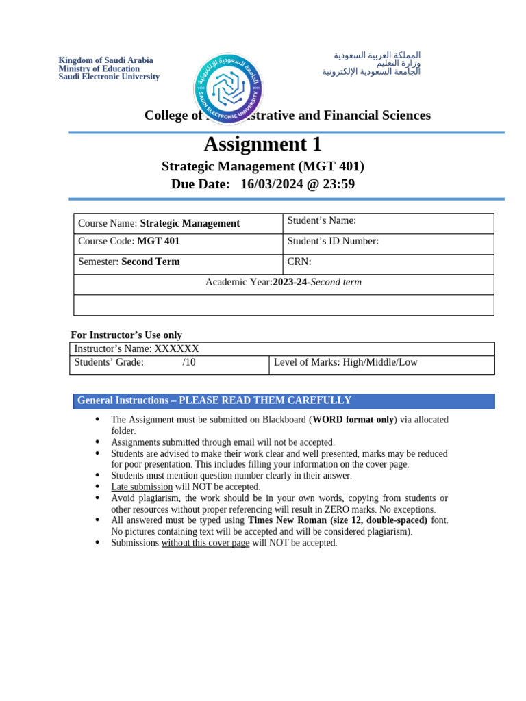 MGT 401 - Assignment 1-Second Term-2023-24 | PDF