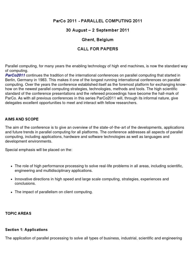 Parco 2011 - Parallel Computing 2011 30 August - 2 September 2011 Ghent, Belgium Call For Papers ...