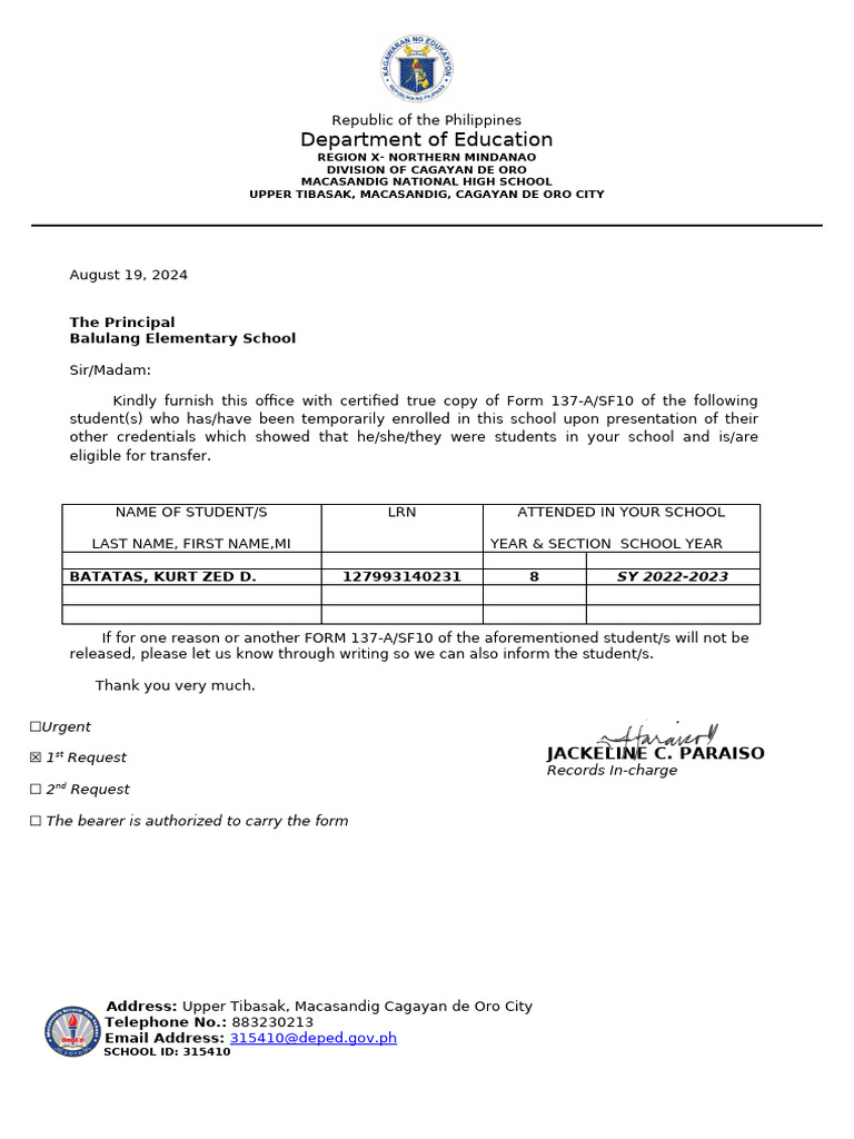 Revised Sf10-Request-Form | PDF | Philippines