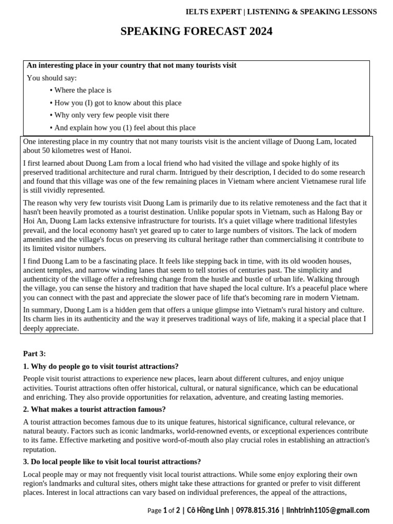 Extra Speaking 2024 - Part 2 - A Tourist Place | PDF