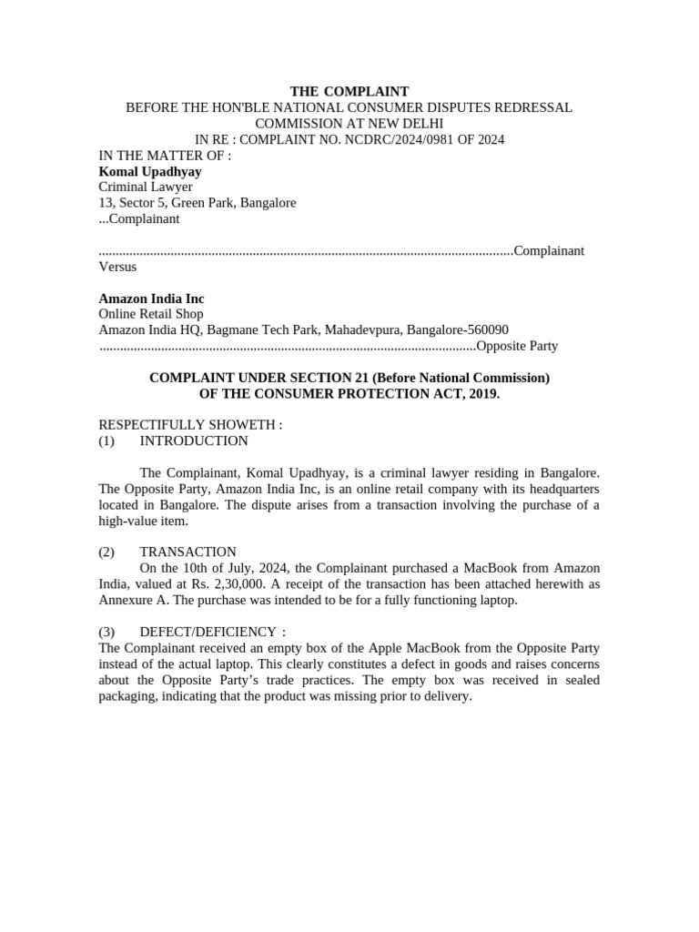 Complaint Under Consumer Protection Act | PDF