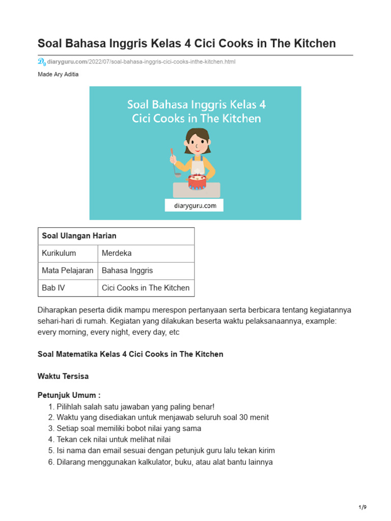 Soal Bahasa Inggris Kelas 4 Cici Cooks in The Kitchen | PDF