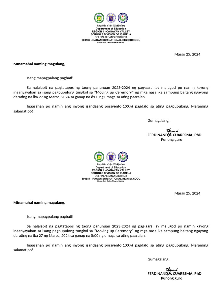 LETTER TO PARENT MOVING UP | PDF