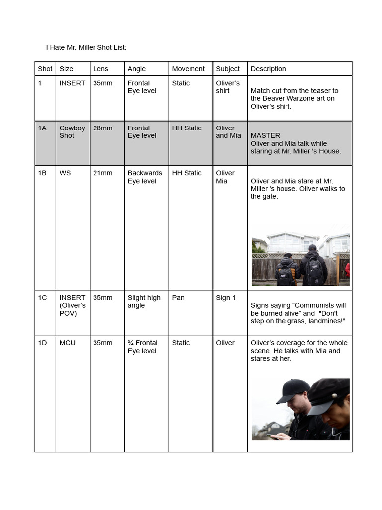Shot List I Hate Mr. Miller - Yellow Draft | PDF