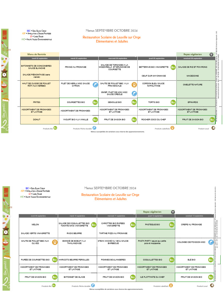 Menus Sept Oct 24 - Validés - Self | PDF