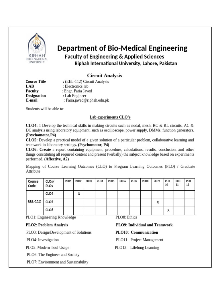 circuit analysis CLO+List of experiment | PDF