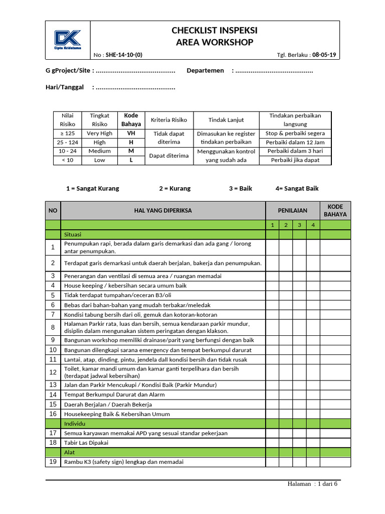 Checklist Inspeksi Area Workshop | PDF