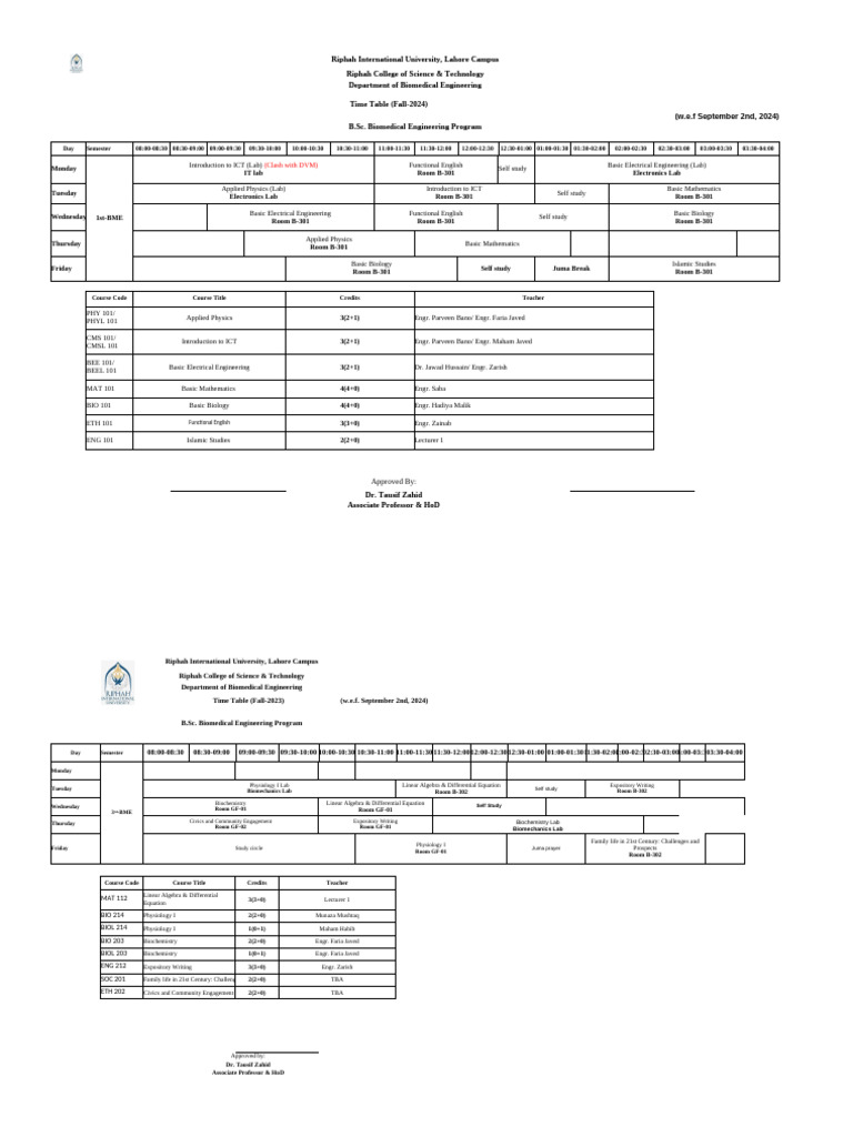 Updated Time Table Fall 2024 | PDF | Mathematics | Engineering