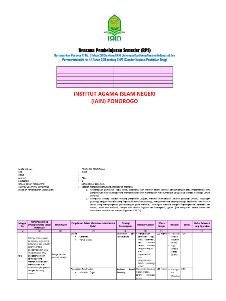 RPS Psikologi Pendidikan 2023 | PDF