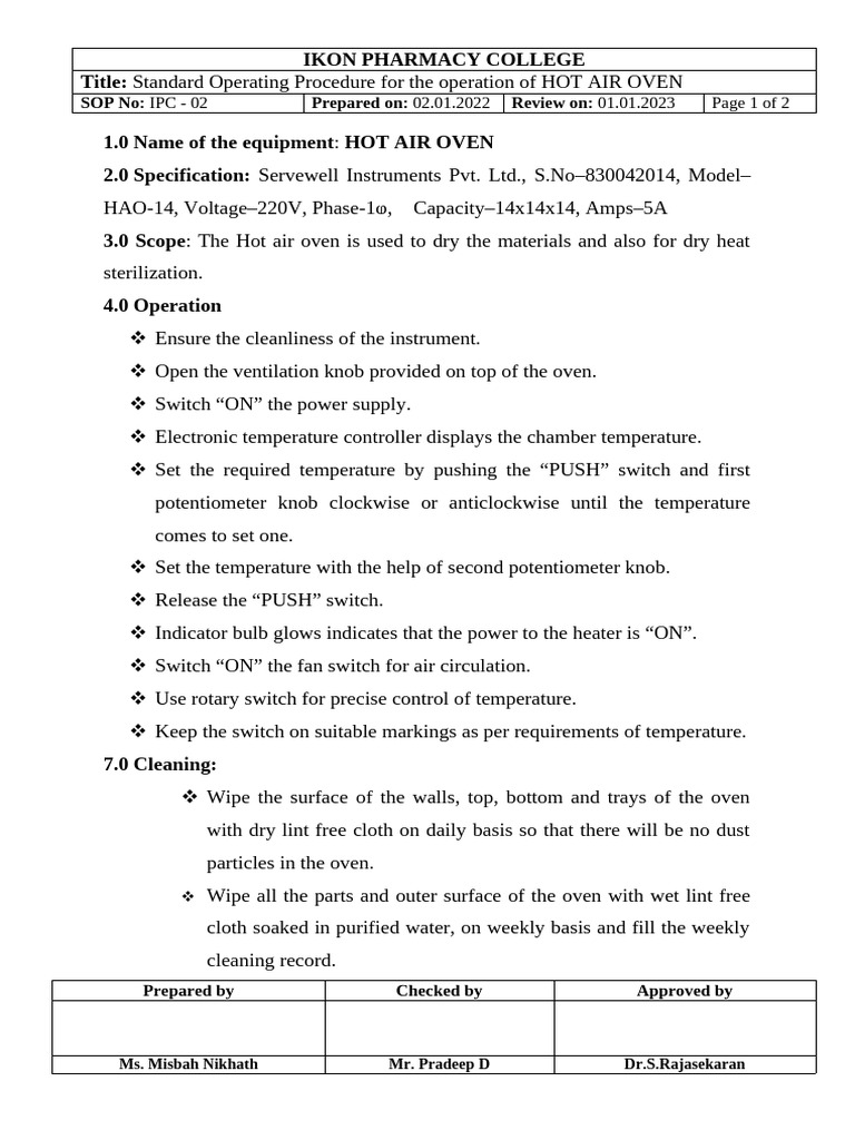 IPC-02 SOP for Operation of Hot Air Oven | PDF