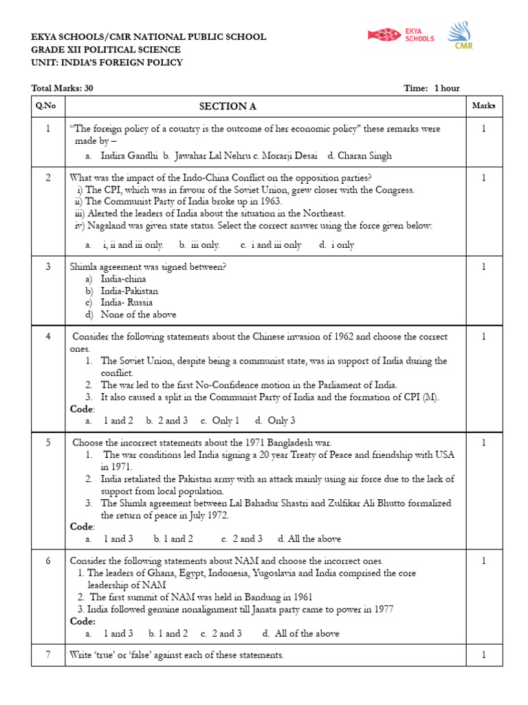 Chapter Test India's Foreign Policy | PDF