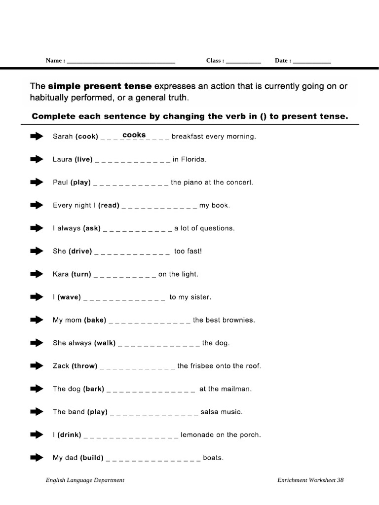 Enrichment Worksheet 38 - Present Tense | PDF