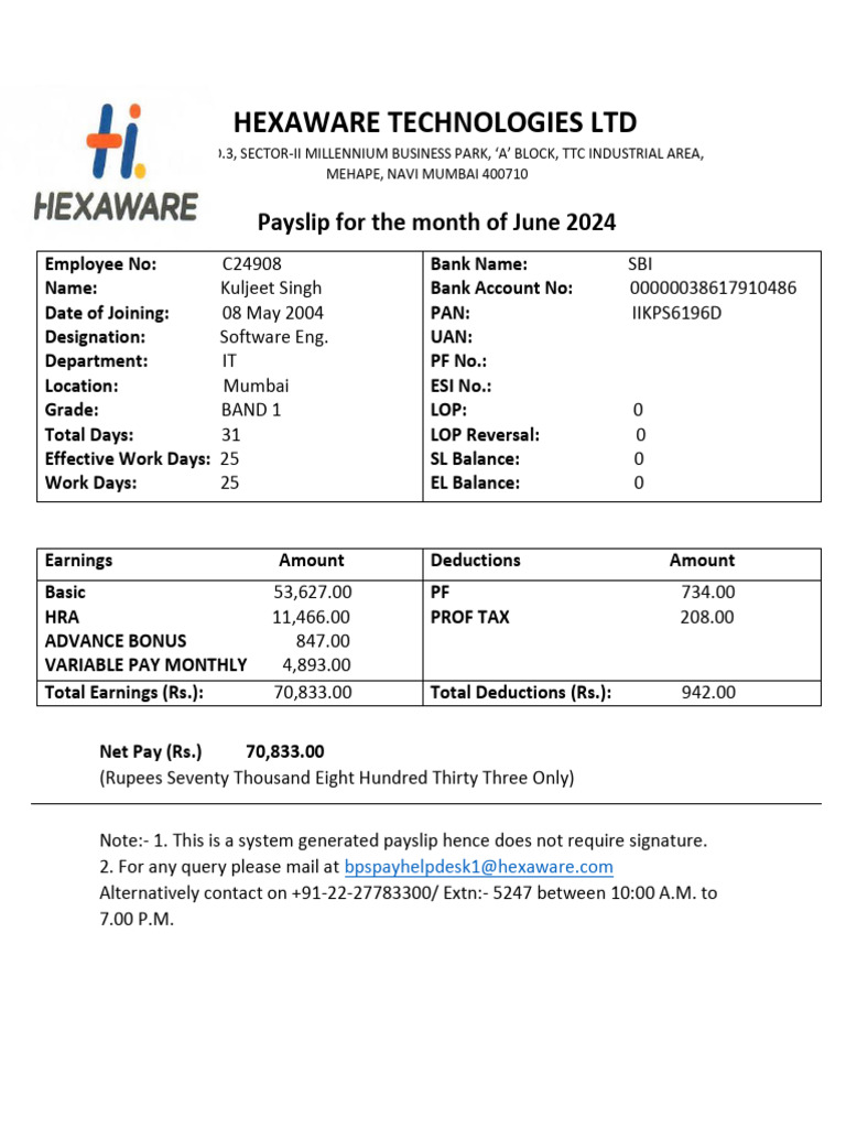 Payslip Hexaware | PDF