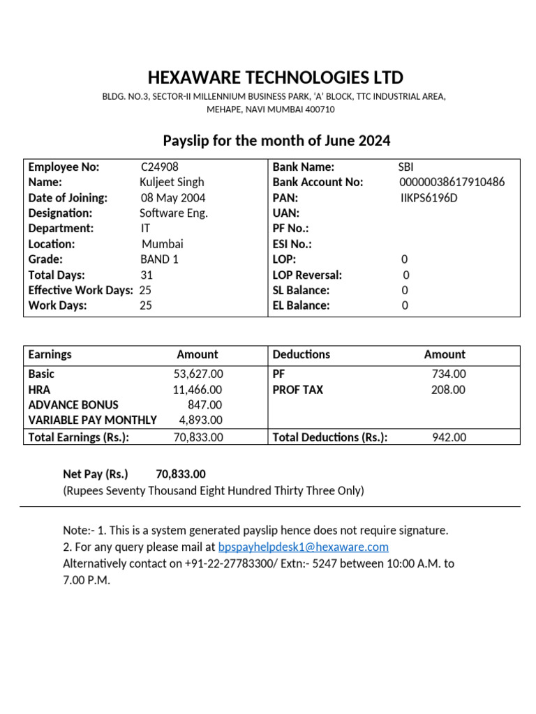 HEXAWARE TECHNOLOGIES LTD Payslip | PDF