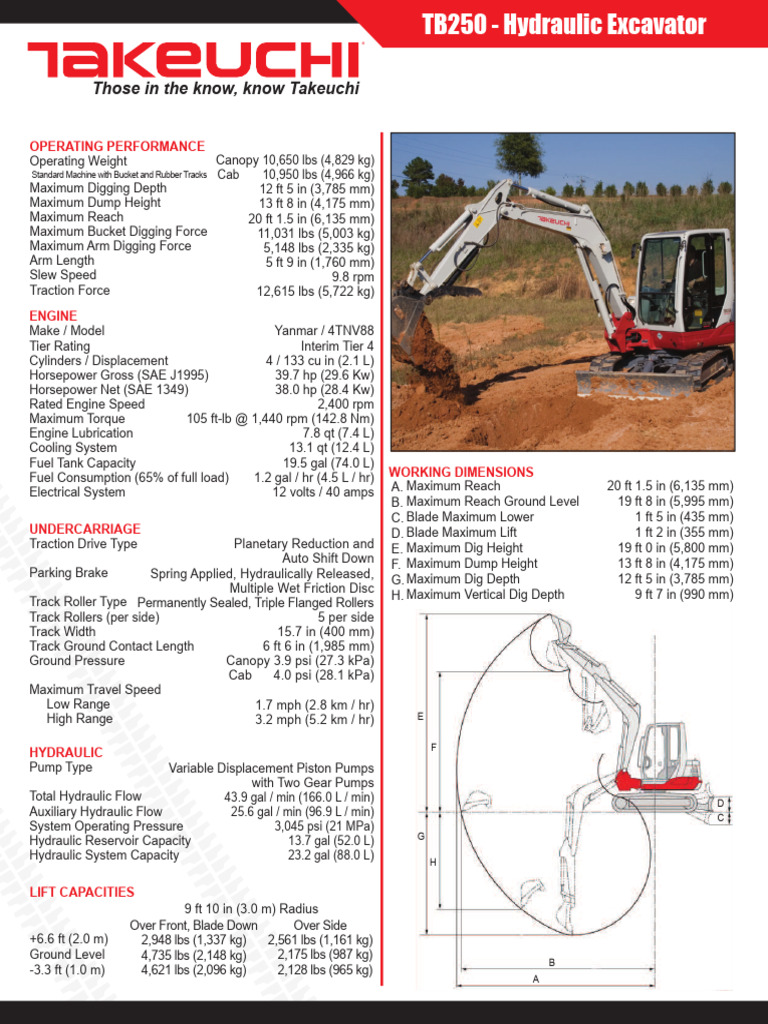 Takeuchi Excavators Spec Ee7dff | PDF