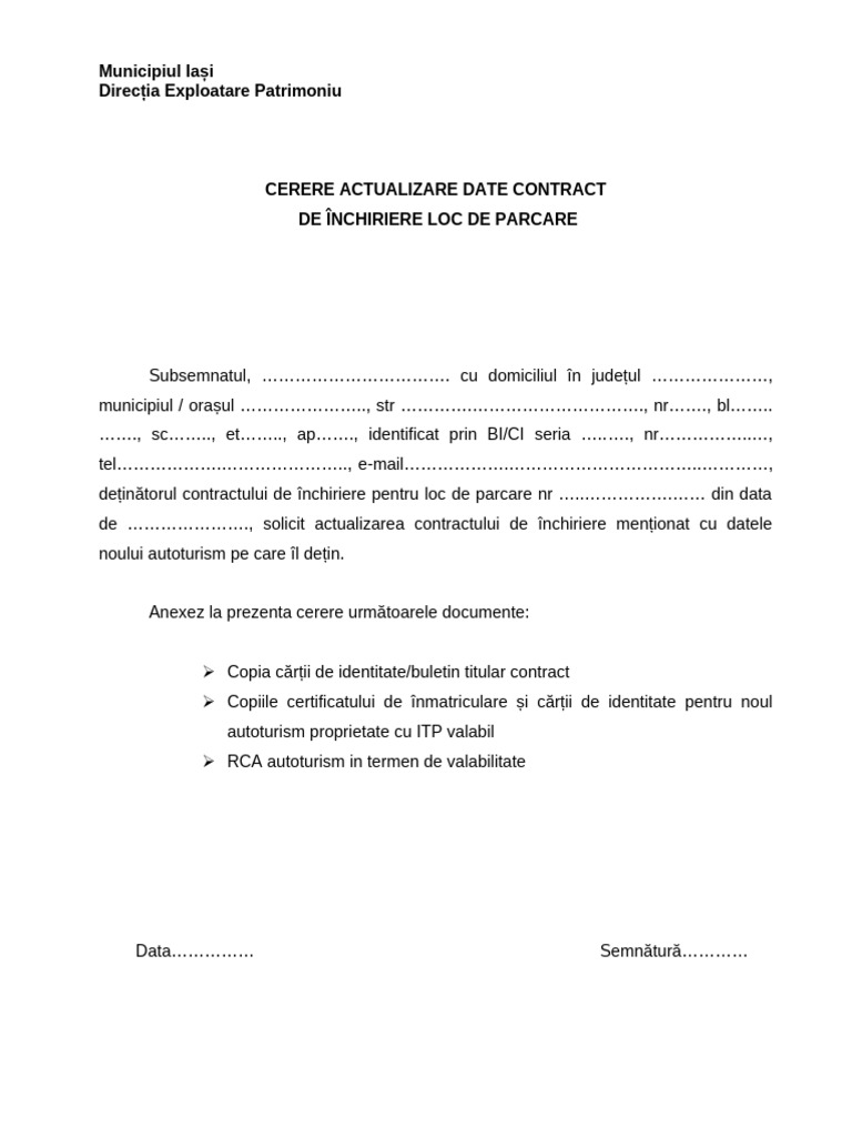 Cerere Actualizare Date Contract de Inchiriere Loc Parcare 2023 | PDF