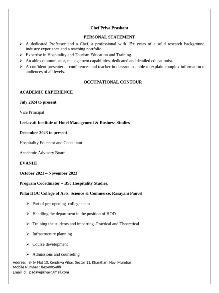Chef Priya Prashant: Hospitality Educator | PDF | Tourism | Career & Growth