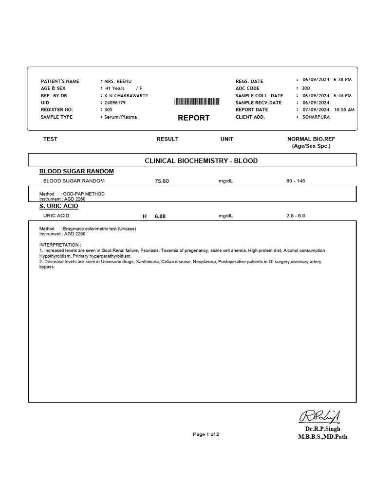Blood Sugar Random: Result Unit Test Normal Bio - Ref (Age/Sex SPC.) | PDF