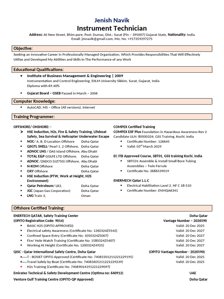 Instrument Technician Resume - Jenish Navik | PDF