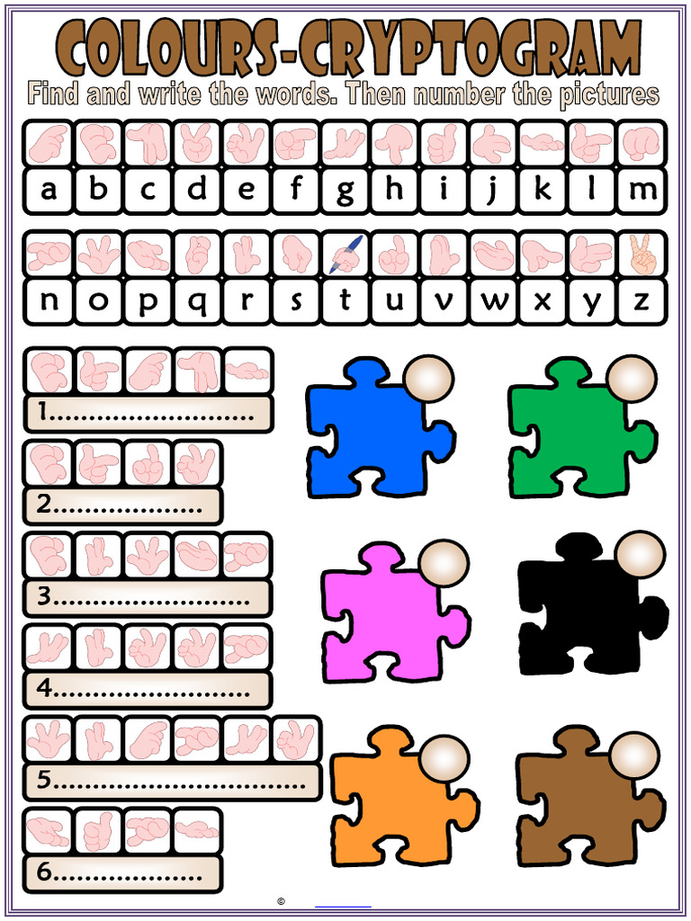 colors esl vocabulary cryptogram puzzle worksheet for kids | PDF