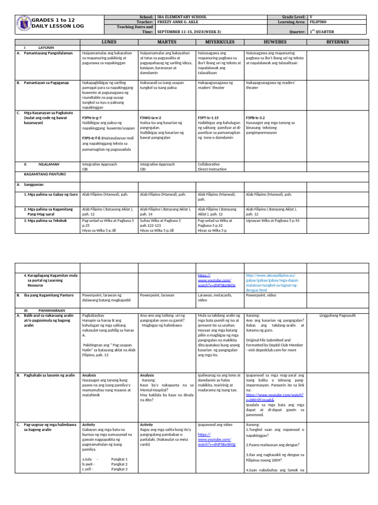 DLL - Filipino 5 - Q1 - W3 | PDF