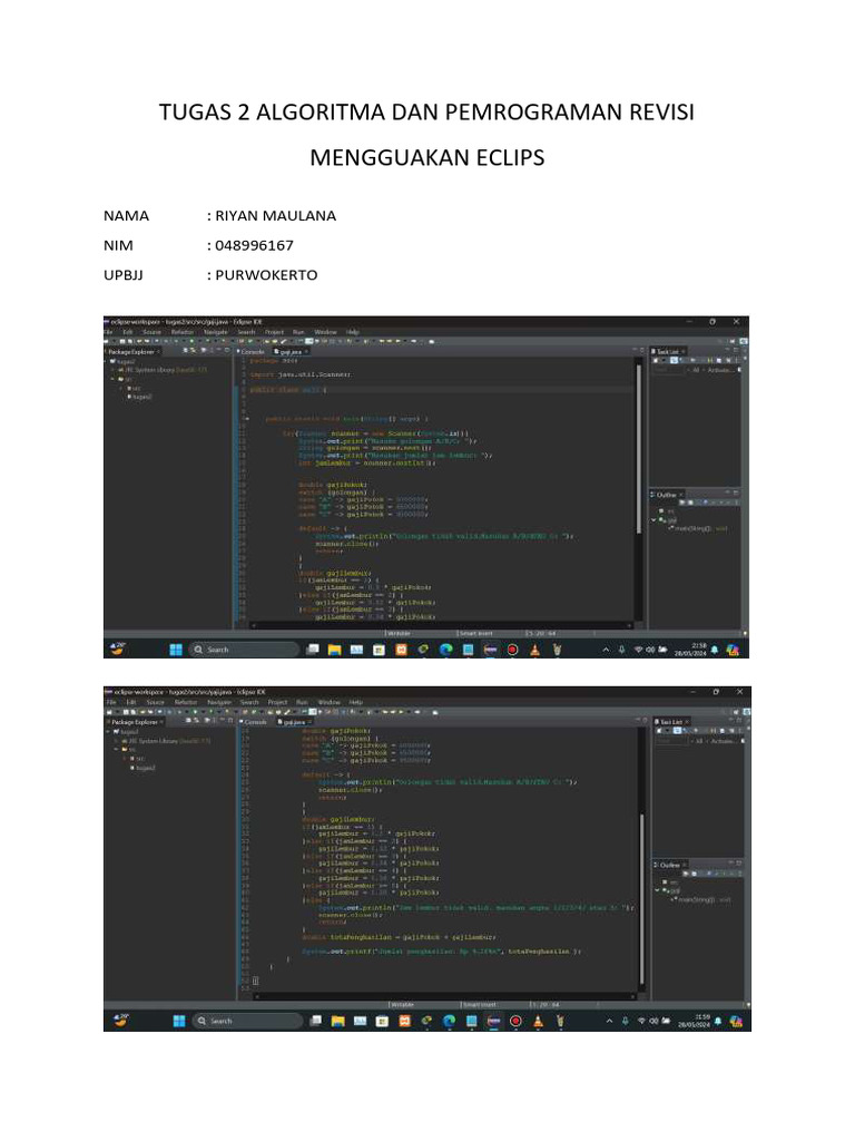 Tugas 2 Algoritma Dan Pemrograman Revisi Mengguakan Eclips | PDF