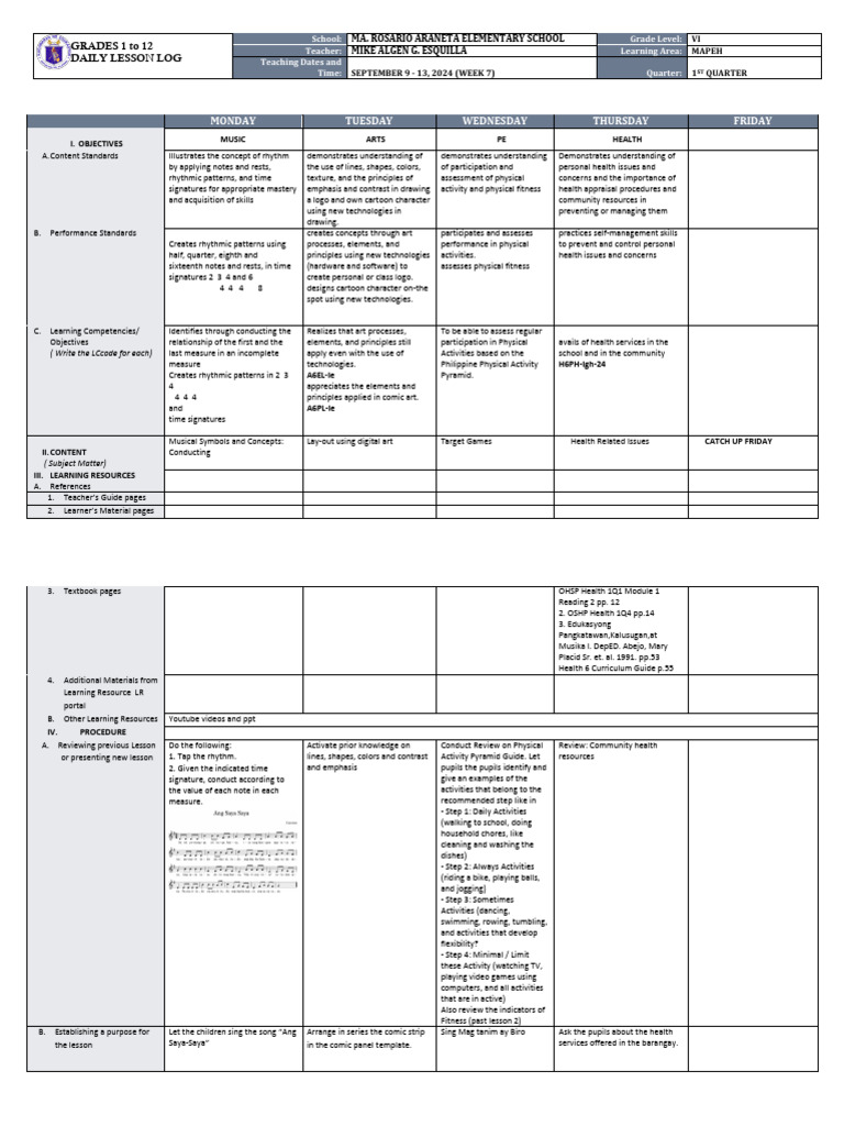 DLL - Mapeh 6 - Q1 - W7 | PDF