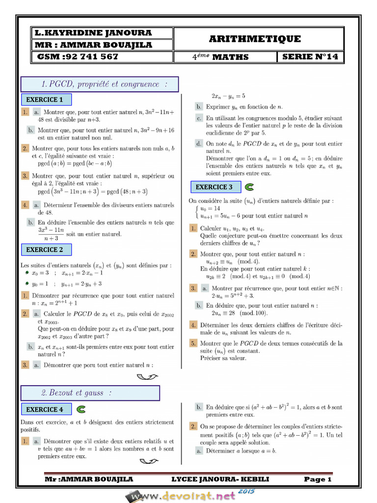 Série D'exercices N°14 Avec Correction Math Arithmetique Bac ...