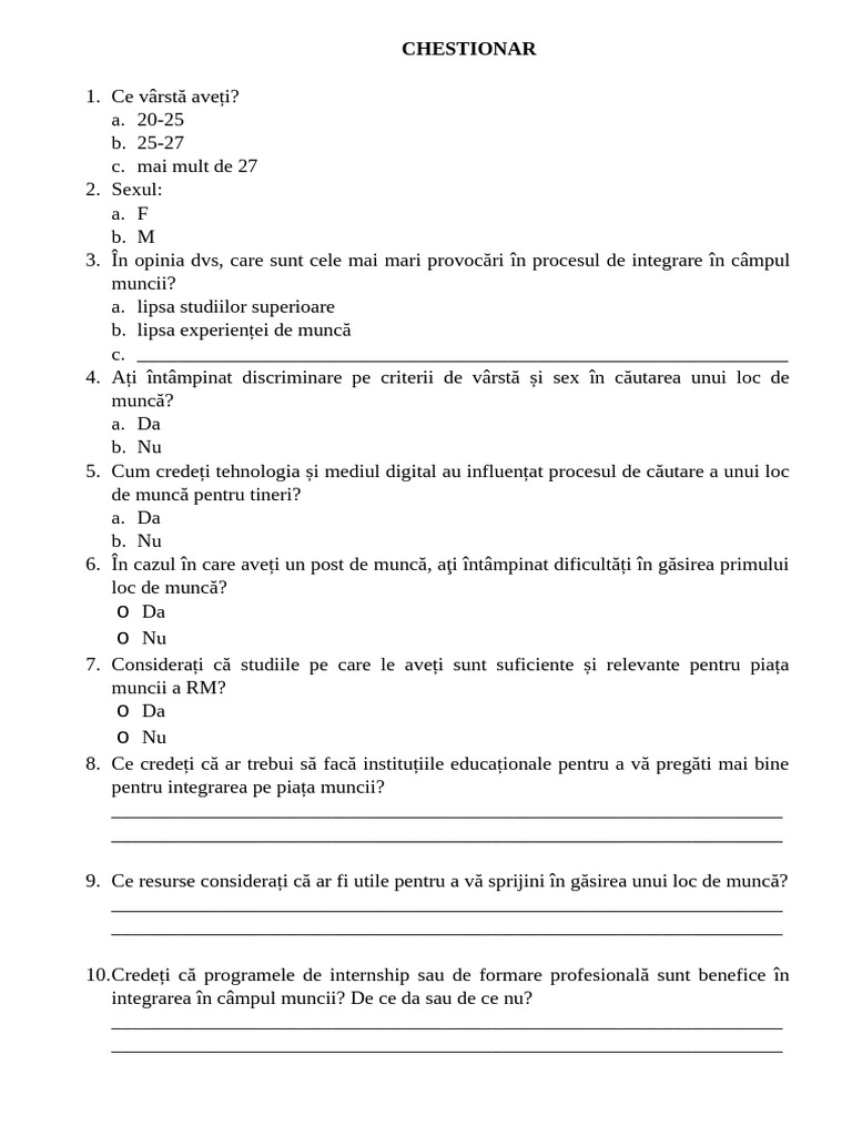 CHESTIONAR - Proiect II | PDF