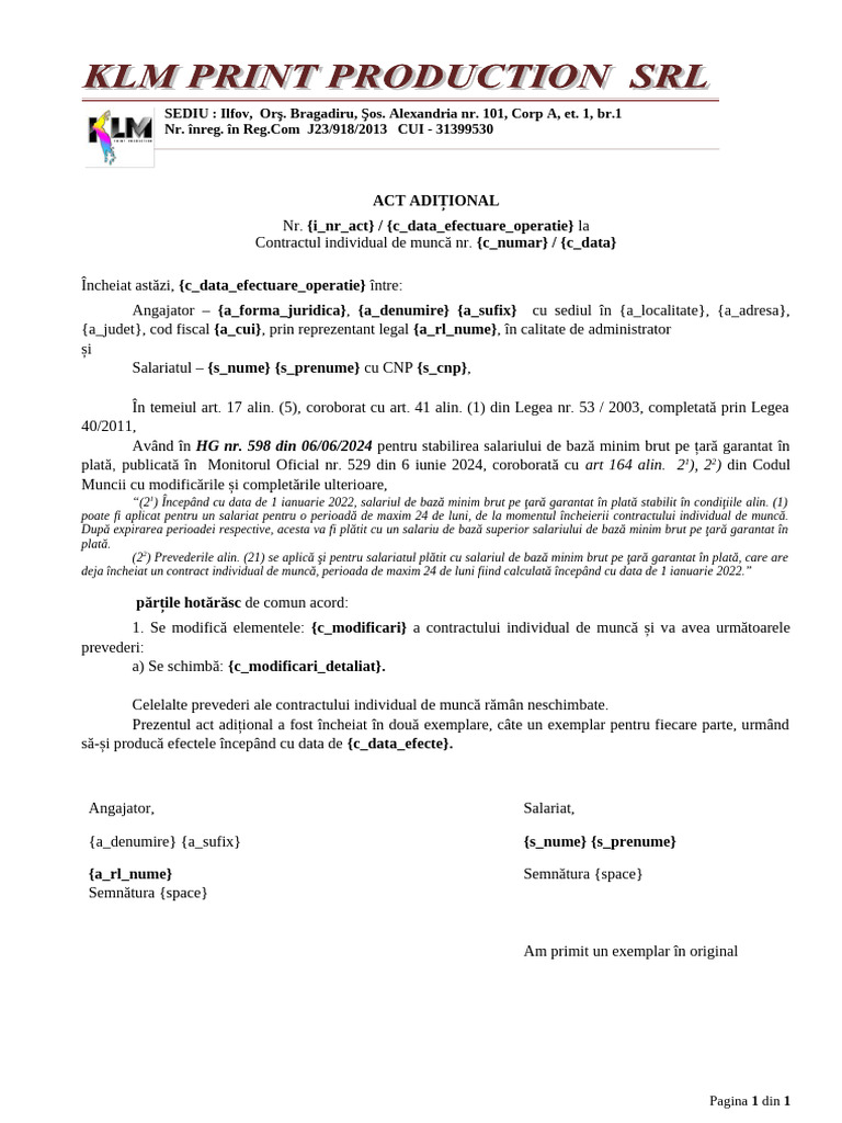 ActAditional Sal - Min 07.24-Salariati Cu Vechime Peste 2 Ani - KLM | PDF