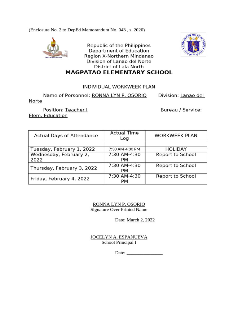 WORKWEEK-ACCOMPLISHMENT-PLAN-lhang Lhang | PDF