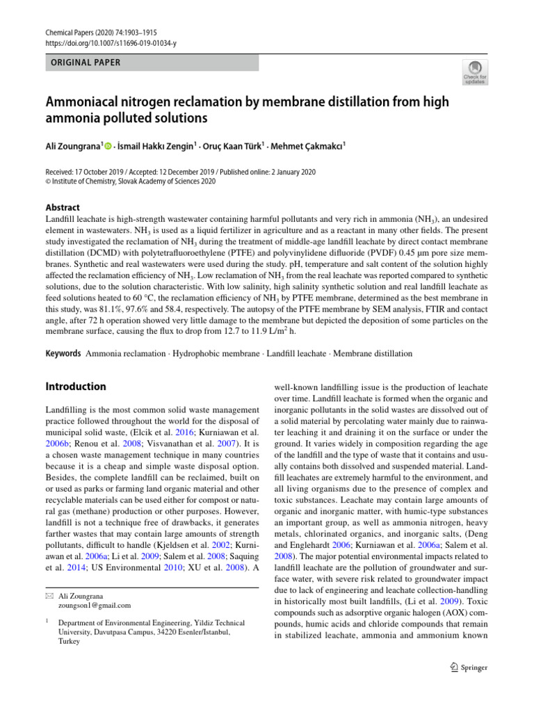Ammoniacal Nitrogen Reclamation by Membrane Distillation From High Ammonia Polluted Solutions | PDF