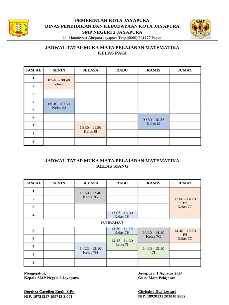 jurnal guru, jurnal kelas, jadwal ttp muka | PDF