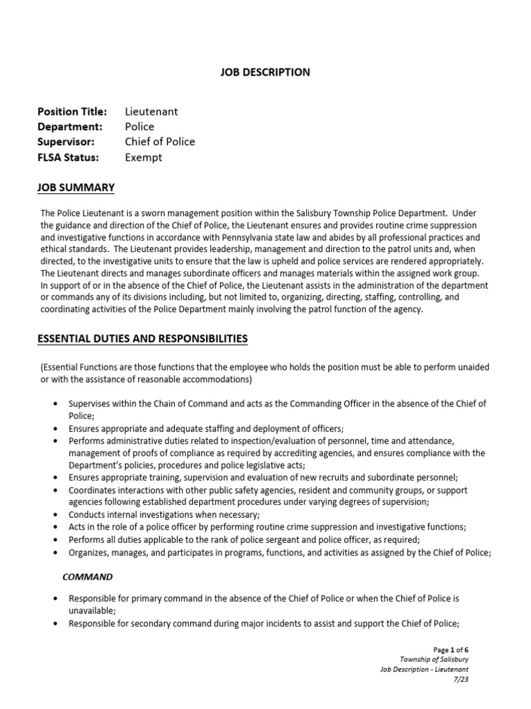 Police LIEUTENANT Job Desc FINAL July 2023 | PDF | Police | Finance ...