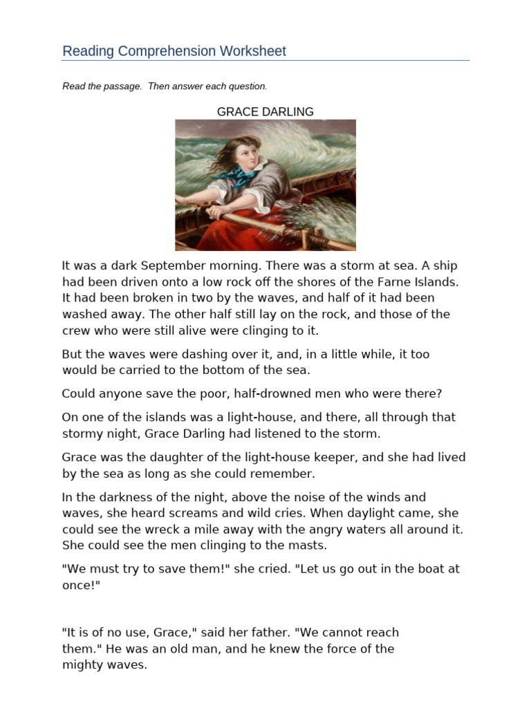 Grace Darling Reading Comprehension | PDF | Ships | Water Transport