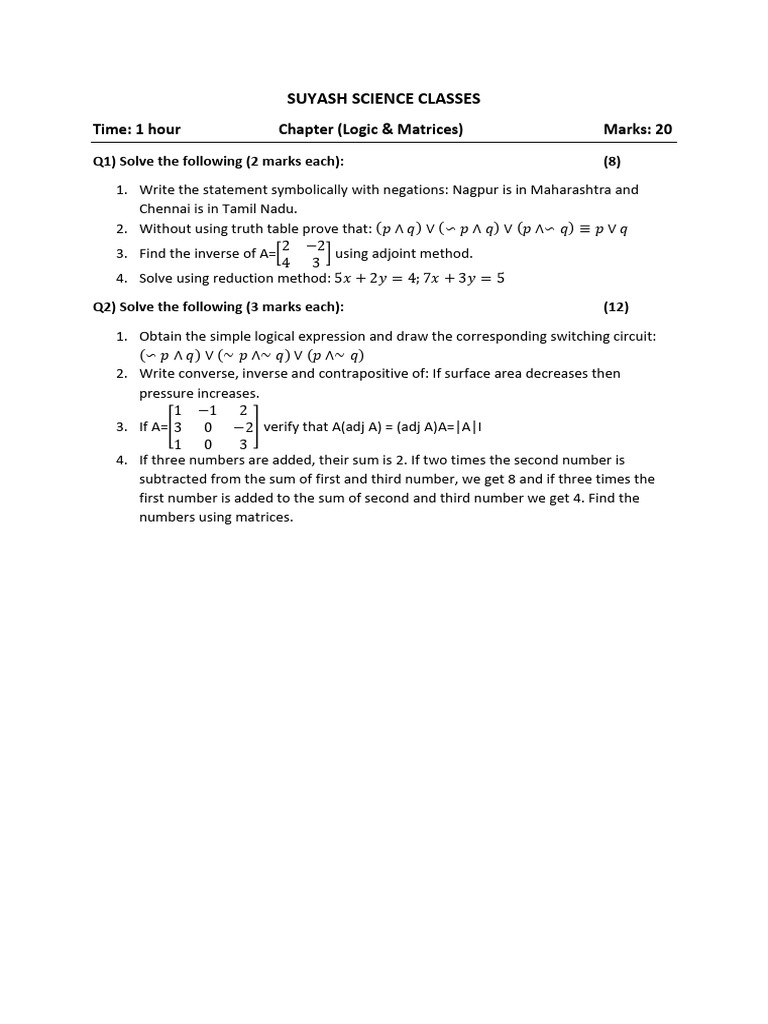 Logic & Matrices 20mks | PDF