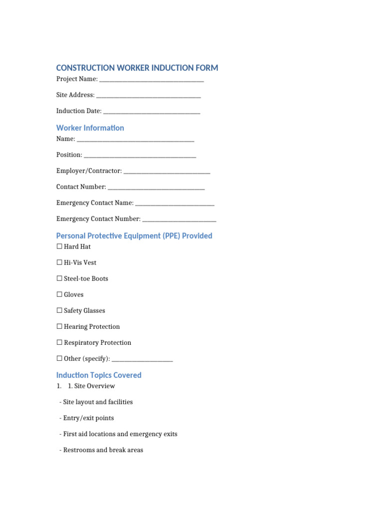 Construction Worker Induction Form | PDF | Career & Growth
