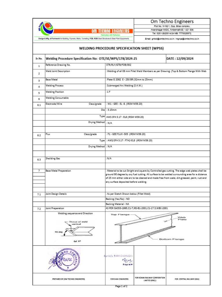Welding Procedure Specification for KRCL | PDF | Welding | Construction