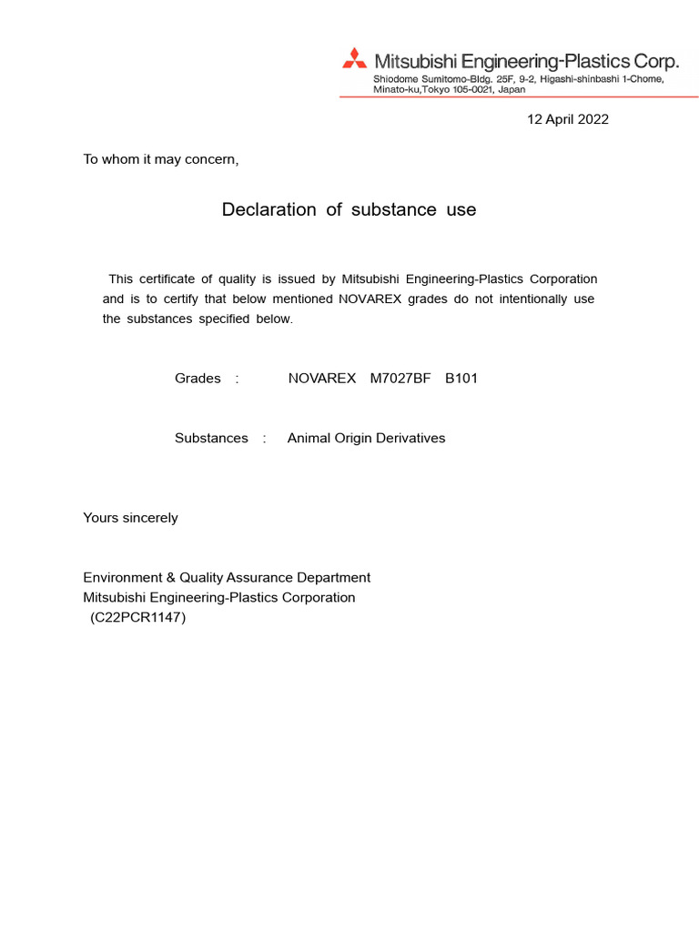 Animal Origin Drivatives Declaration of Novarex M7027BF B101 | PDF