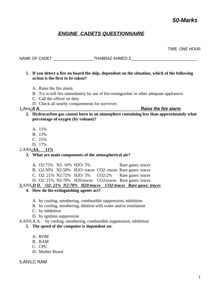 Engine Cadet Questionnaire (2) | PDF