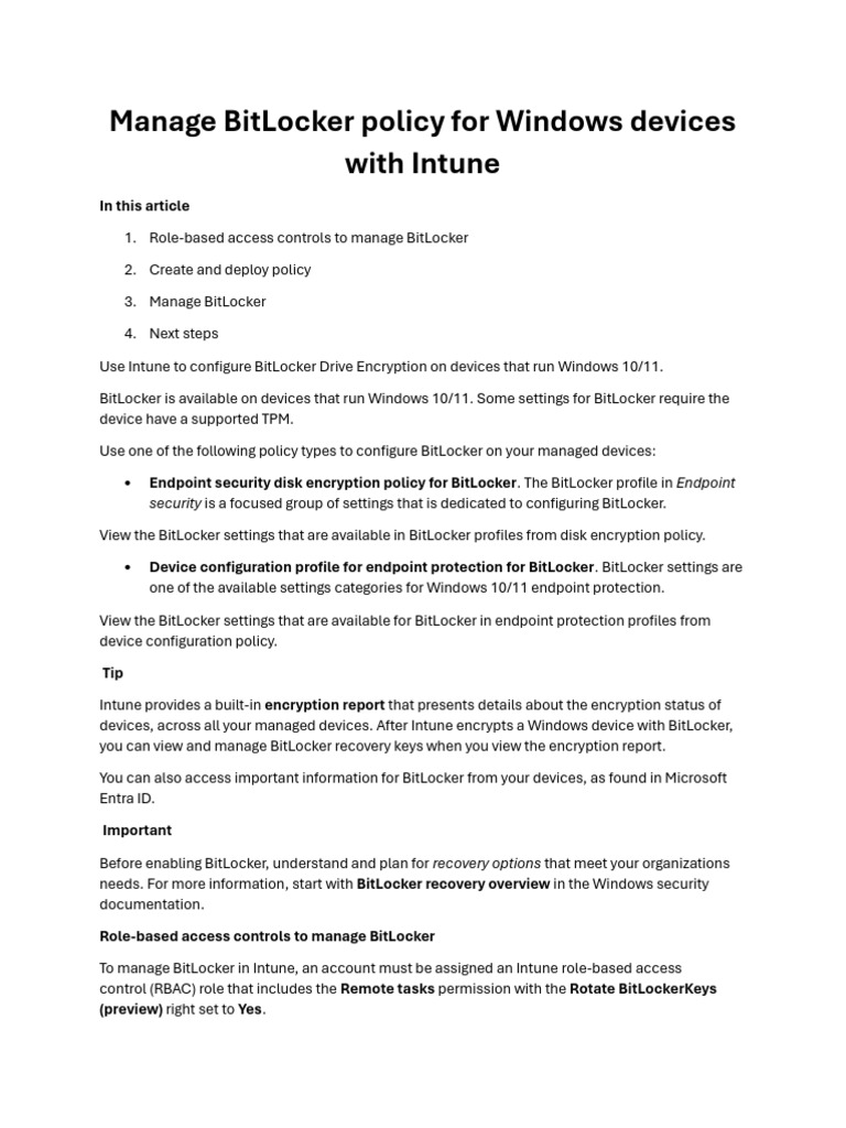 Manage BitLocker policy for Windows devices with Intune | PDF