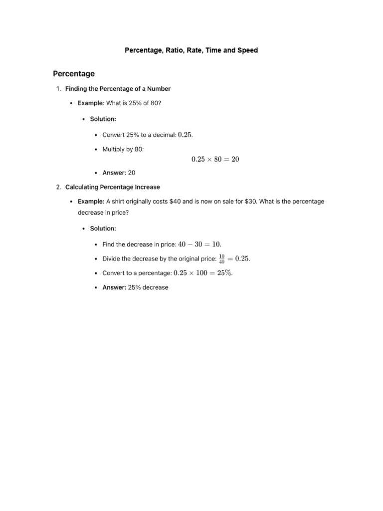 Math (Percentage, Ratio, Rate, Time and Speed) | PDF