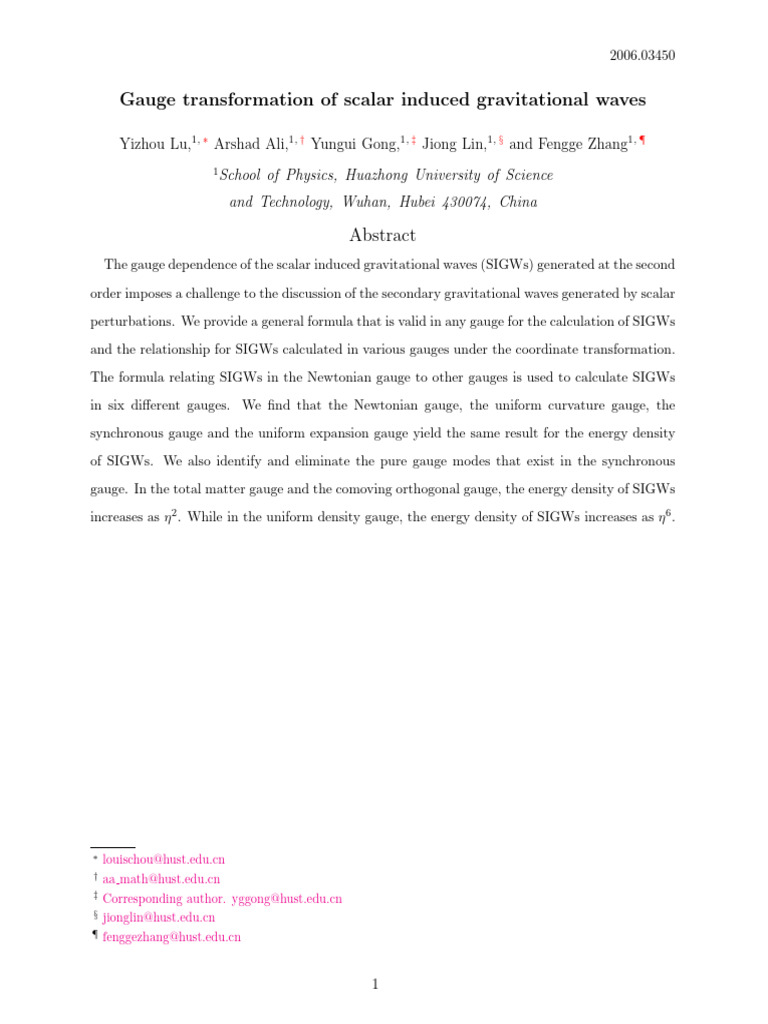 Gauge Transformation of Scalar Induced Gravitational Waves | PDF