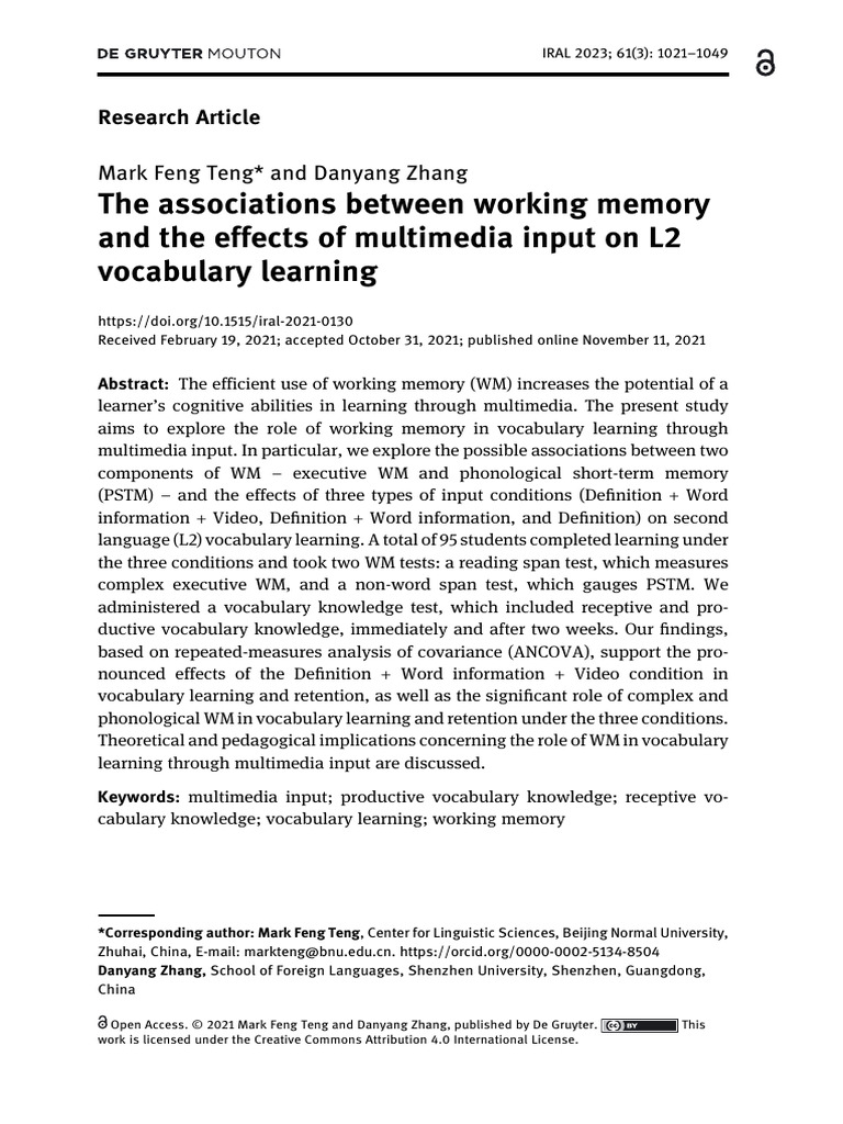 The Associations Between Working Memory and The Effects of Multimedia Input On L2 Vocabulary ...