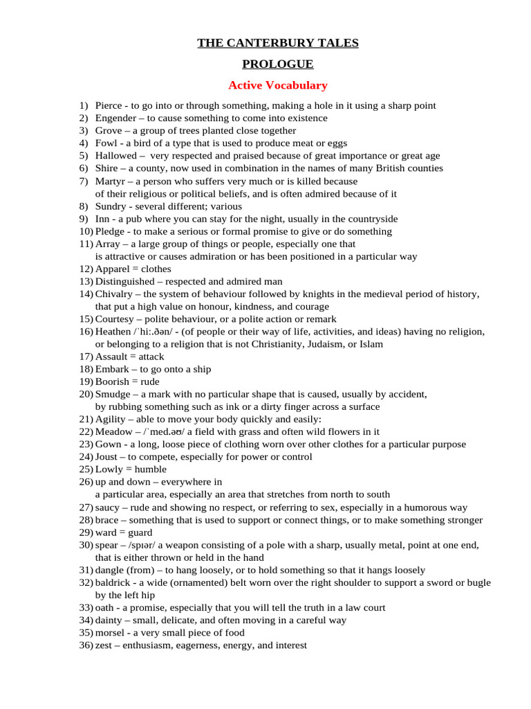 The CANTERBURY TALES (Prologue - Active Vocabulary) | PDF