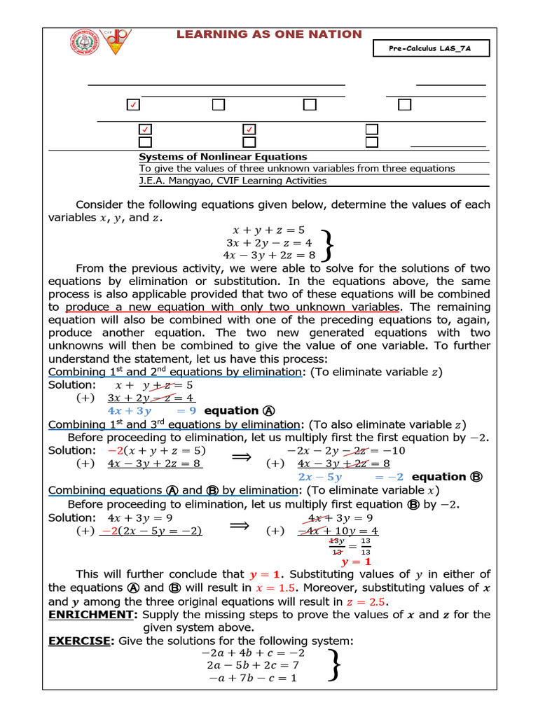 Pre-Calculus LAS 7A Systems of Nonlinear Equations | PDF